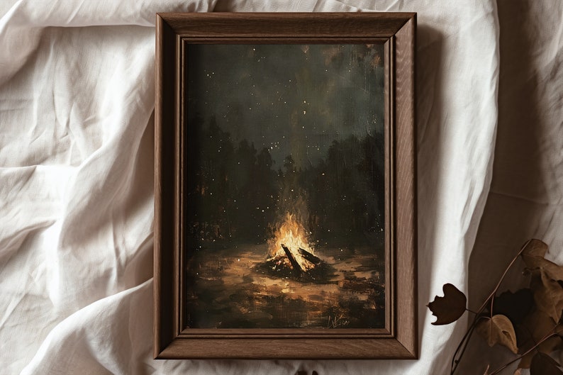 Fall Campfire Printable Wall Art, Cabin Decor, Forest Oil Painting ...