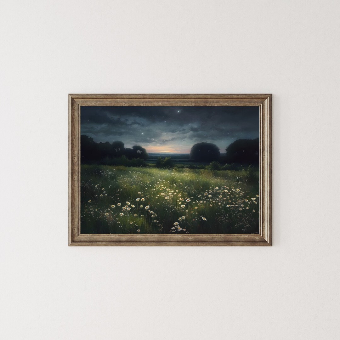 Nightscape Wildflower Landscape Painting, Moody Wall Art, Celestial ...