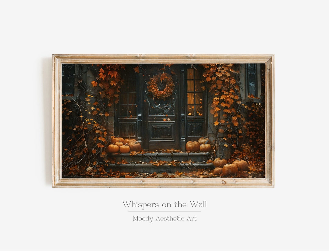 Fall Doorstep Frame TV Art, Halloween Decor, Moody Pumpkin Painting ...