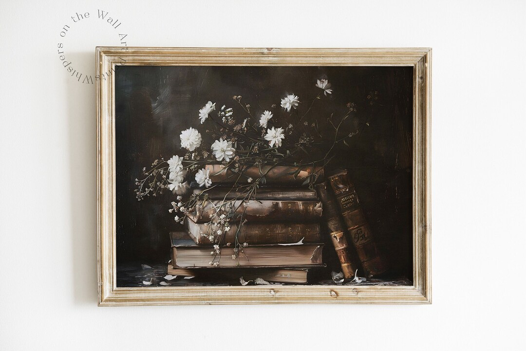 Rustic Book Stack Art Print, Moody Dark Academia Decor, Book Still Life ...