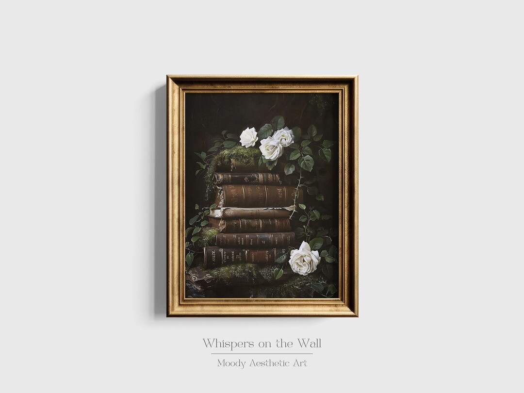 Mossy Book Stack Art Print, Dark Academia Decor, Book Still Life ...