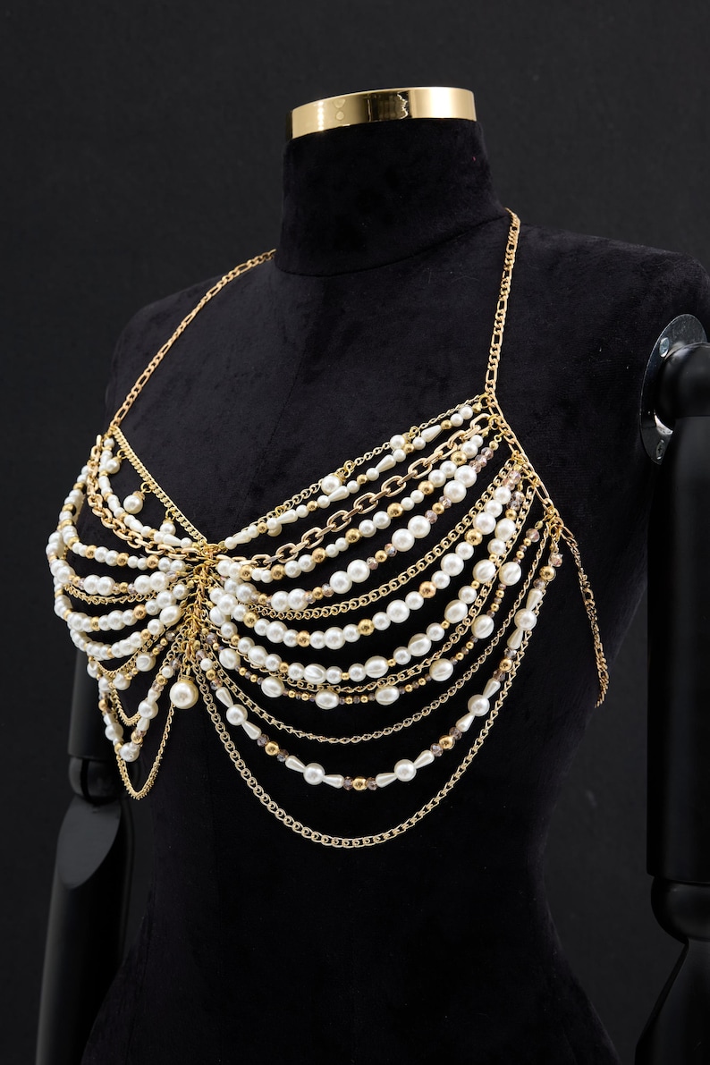 Handmade Luxury Gold Chain & Pearl Bra Top , Elegant Bridal Wedding ...