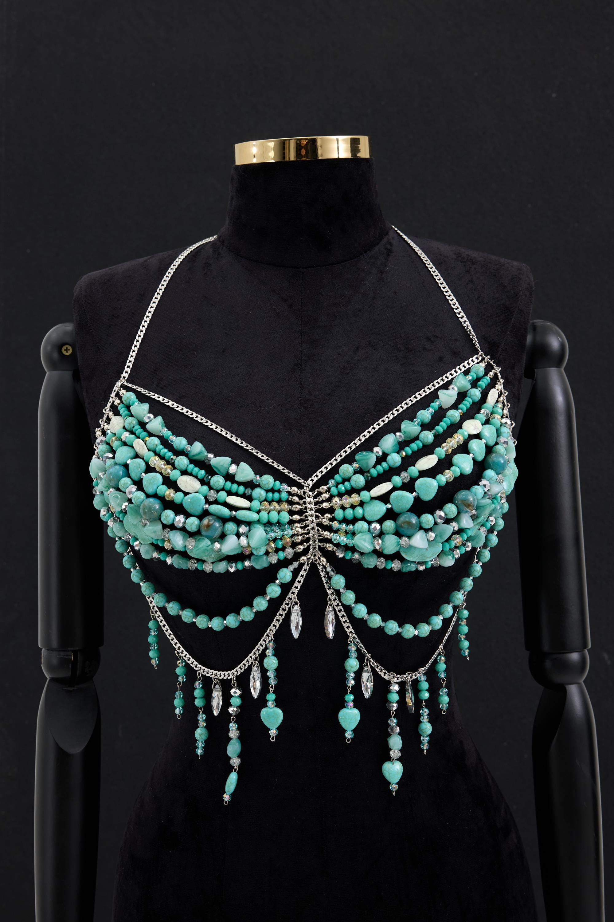 Handmade Beaded Mermaid Bra Turquoise, Beaded Rave Body Chain - Etsy