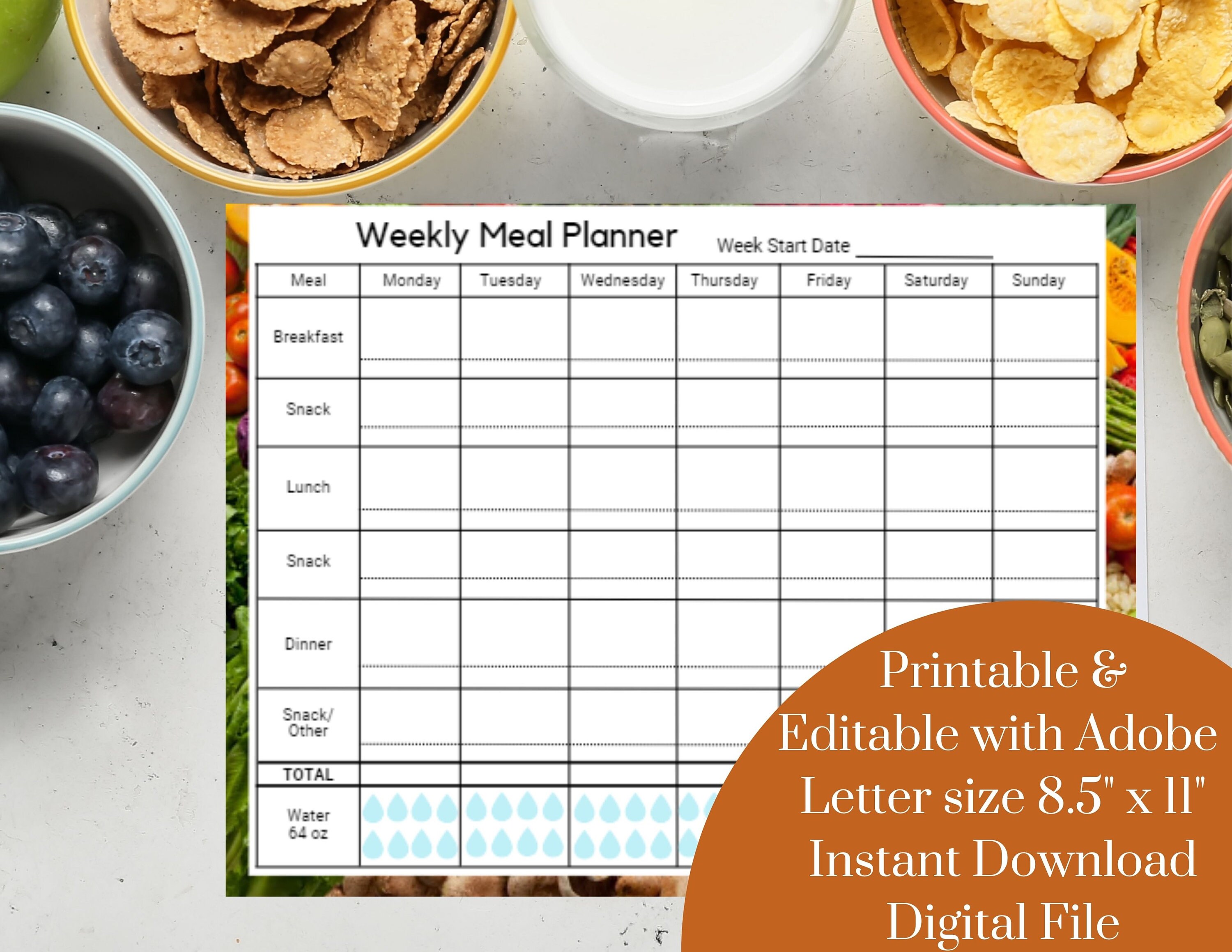 Printable and Digitally Editable Weekly Meal Planner - Track Calories ...