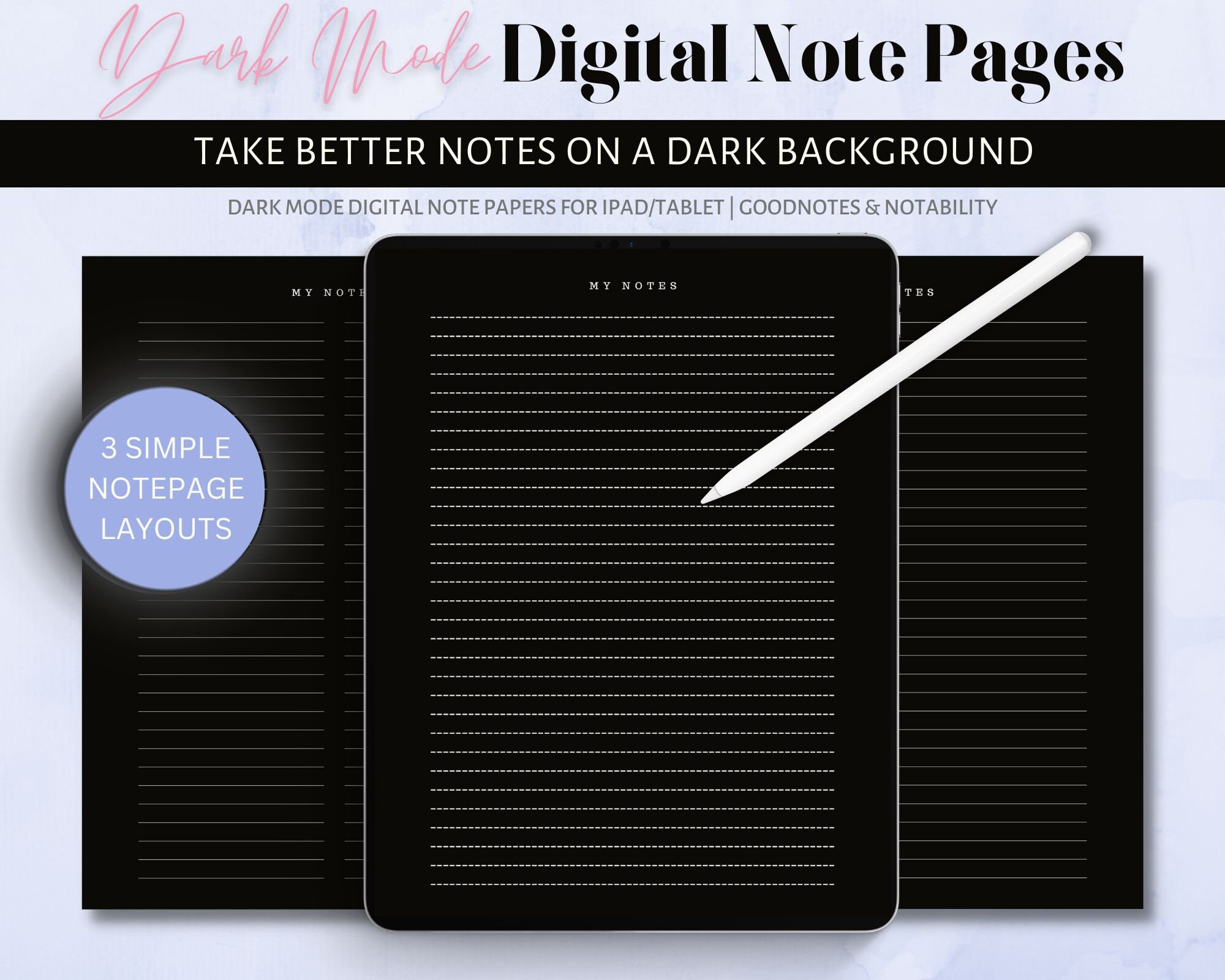 Digital Note Paper, Dark Mode, Lined, Dotted, Note Templates | for iPad ...