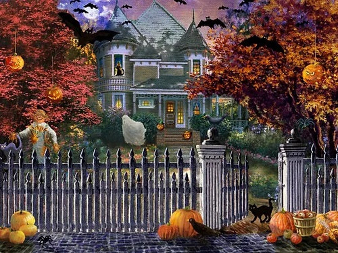 Halloween Fabric Panel 43"x36", AL48341C1, Haunted House Pumpkins Gift ...