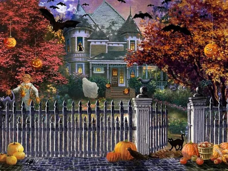 Halloween Fabric Panel 43"x36", AL48341C1, Haunted House Pumpkins Gift ...