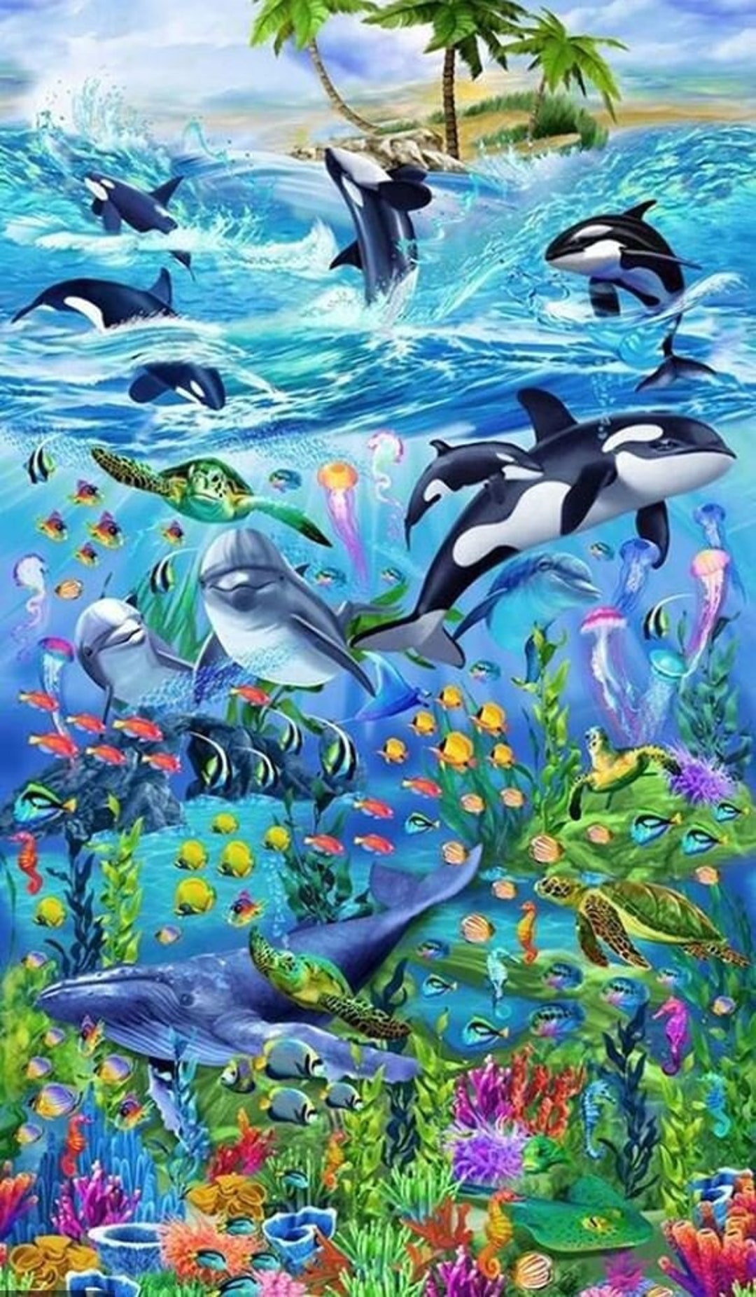 Sea Fabric Panel 23"x43", C6145 by Timeless Treasures, Dolphin Orca ...