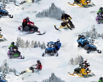 Snowmobiles Fabric Vintage Snowmobile Illustration Winter Outdoors Snow ...