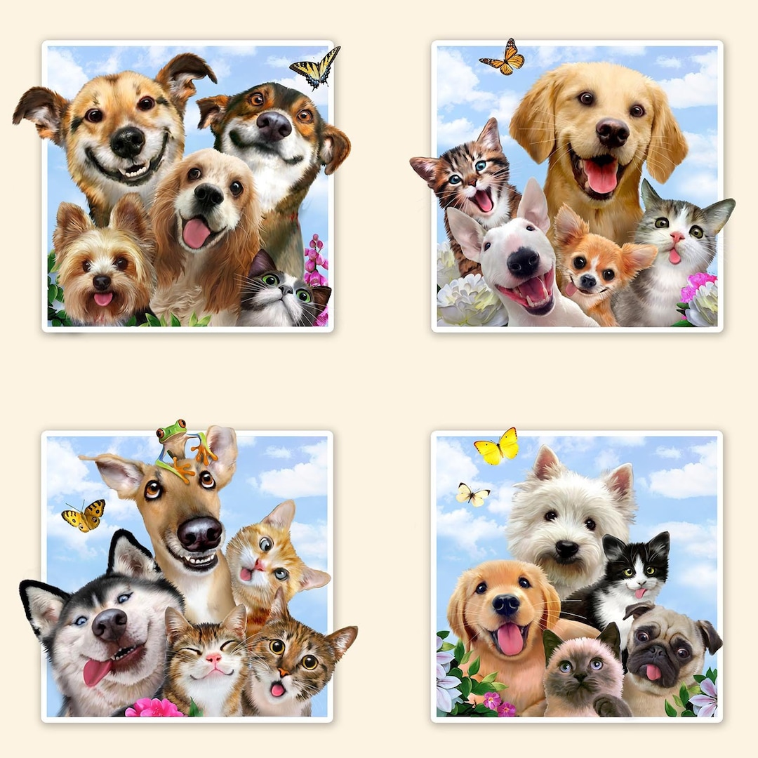 Dog and Cat Fabric Panel 23"x43", 1319 E-cream Dog and Cat Selfies by ...