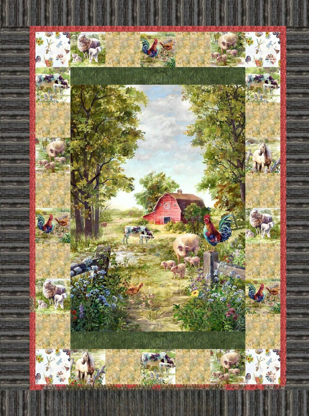 Quilt Kit 54"x72" Farmyard Quilt, Fabric by Hoffman, Red Barn Garden ...