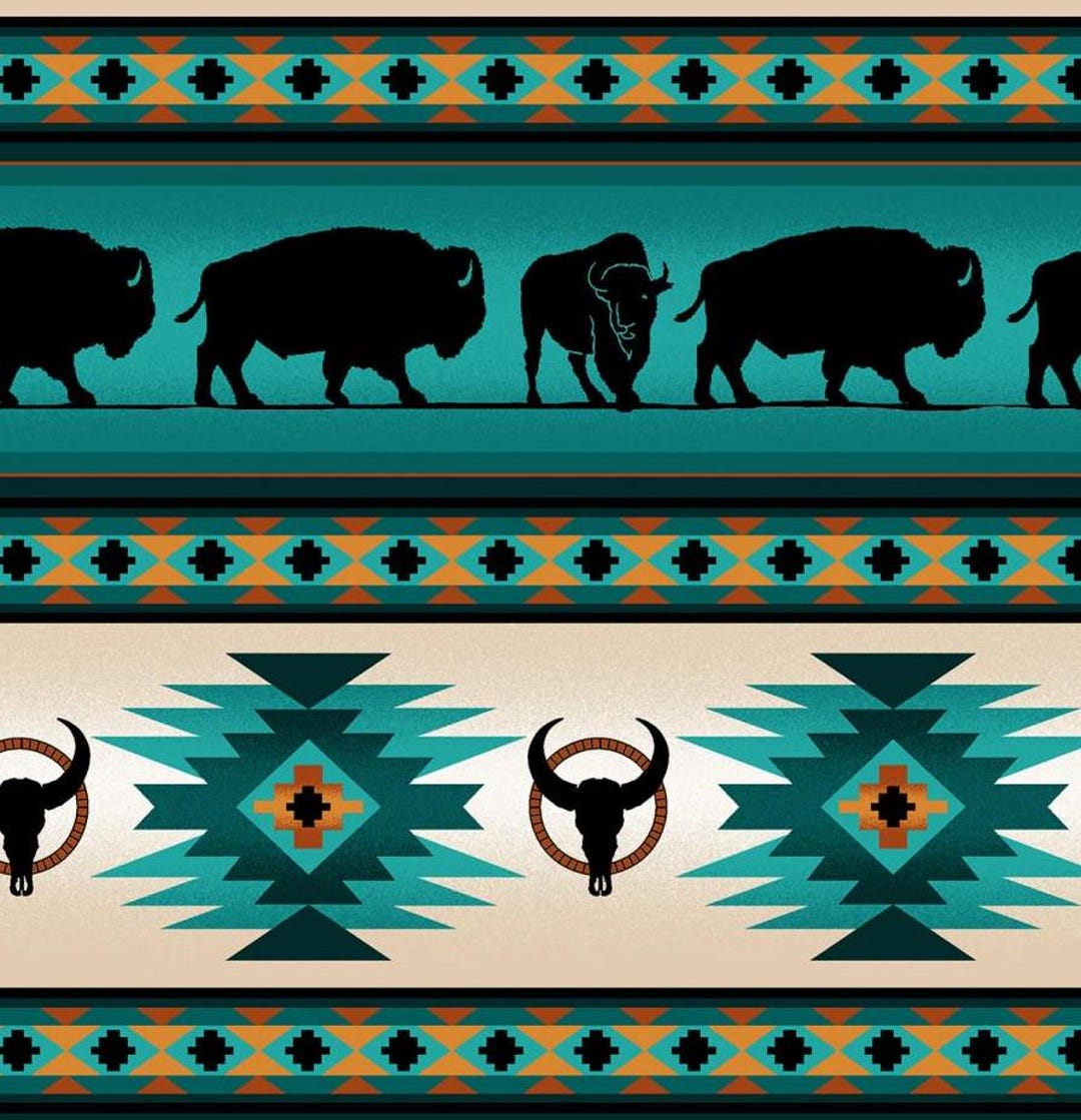 Native Indigenous Buffalo Fabric 1/2 Yard, 485-turquoise by Elizabeth's ...