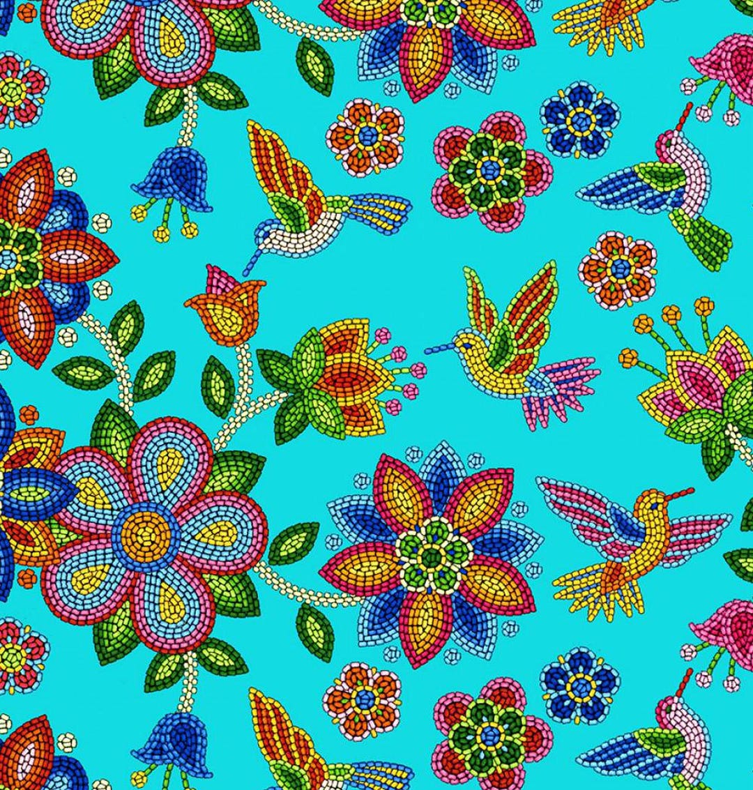 Native Beadwork and Hummingbirds Fabric 1/2 Yard, 640turquoise by ...