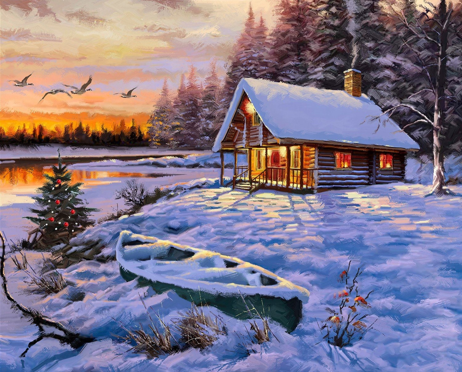 Snowy Log Cabin Fabric Panel 43"x36", Log Cabin Canoe Lake, Art ...