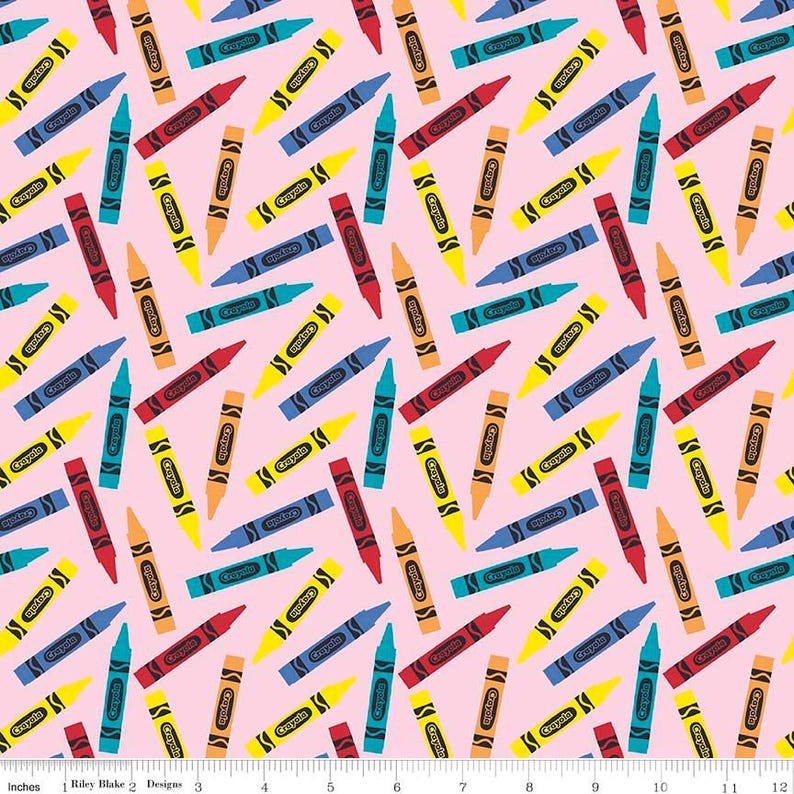 Crayons on Pink Toss KNIT Fabric 1/2 Yard, 54" Wide Cotton/spandex ...