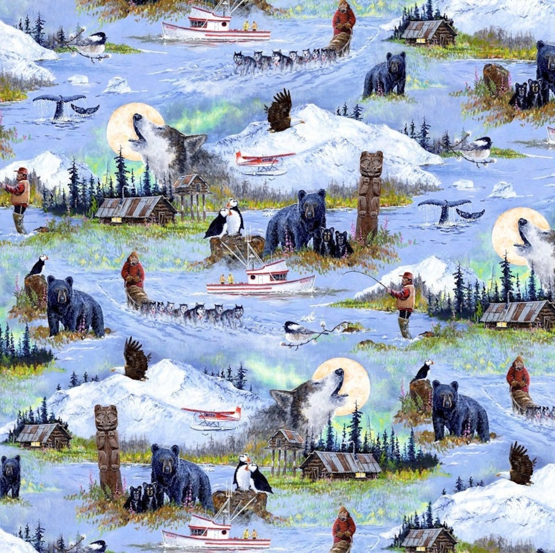 Alaskan Wildlife Fabric 1/2 Yard, Alaska's Artist Jon Van Zyle 2 Lt ...