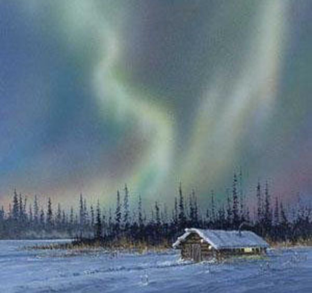 Cabin Northern Lights Fabric Panel 36"x44", Alaska's Artist Joh Van ...