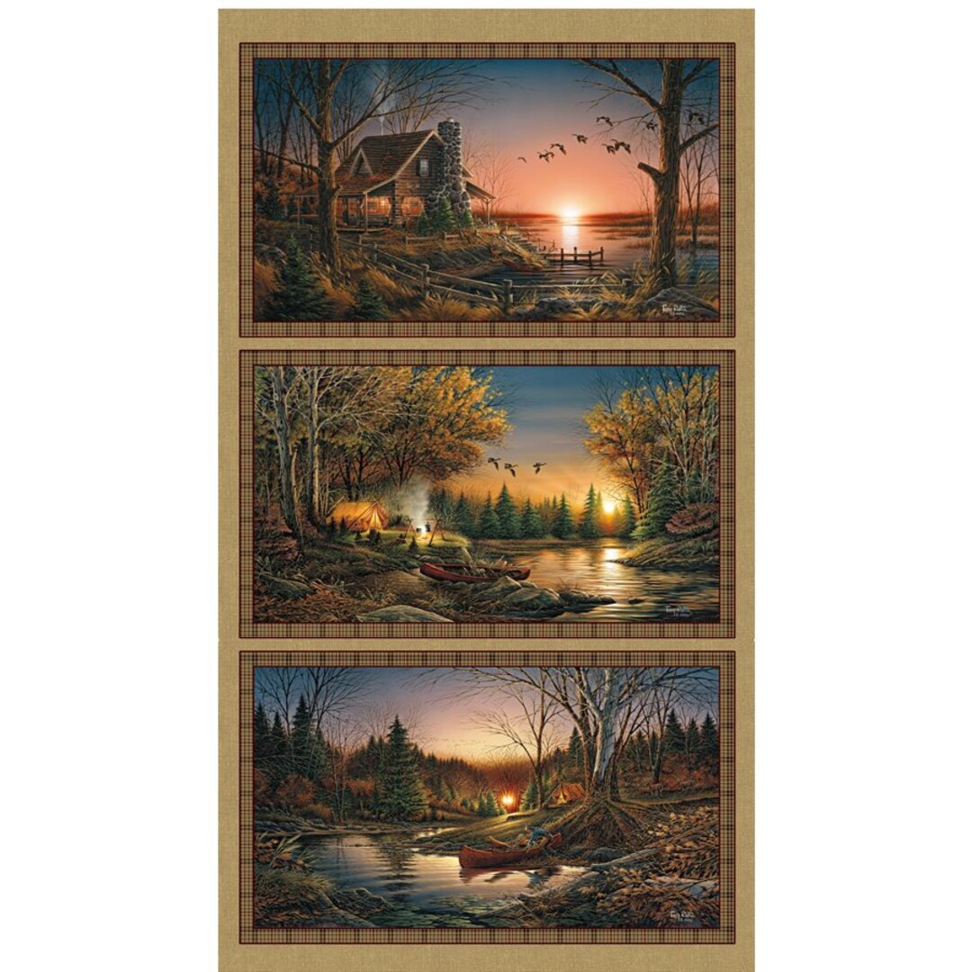 Seasons Fall Fabric Panel 23"x44", Cabin in the Woods, Deer Canoe ...