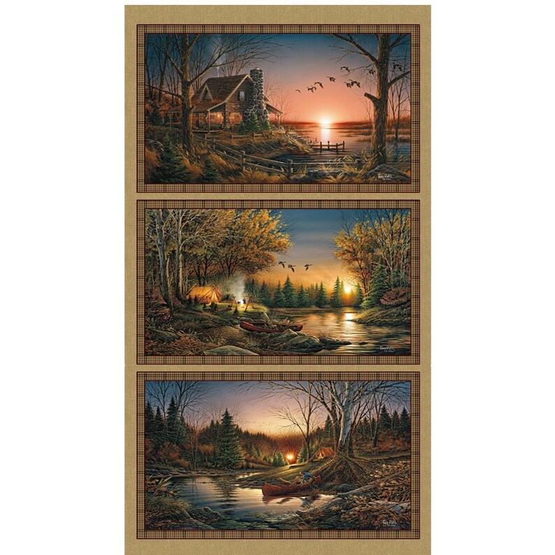 Seasons Fall Fabric Panel 23x44, Cabin in the Woods, Deer Canoe Stream ...