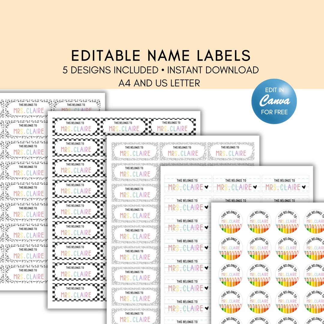 Editable Teacher Name Labels: School Supply Stickers (canva Template ...