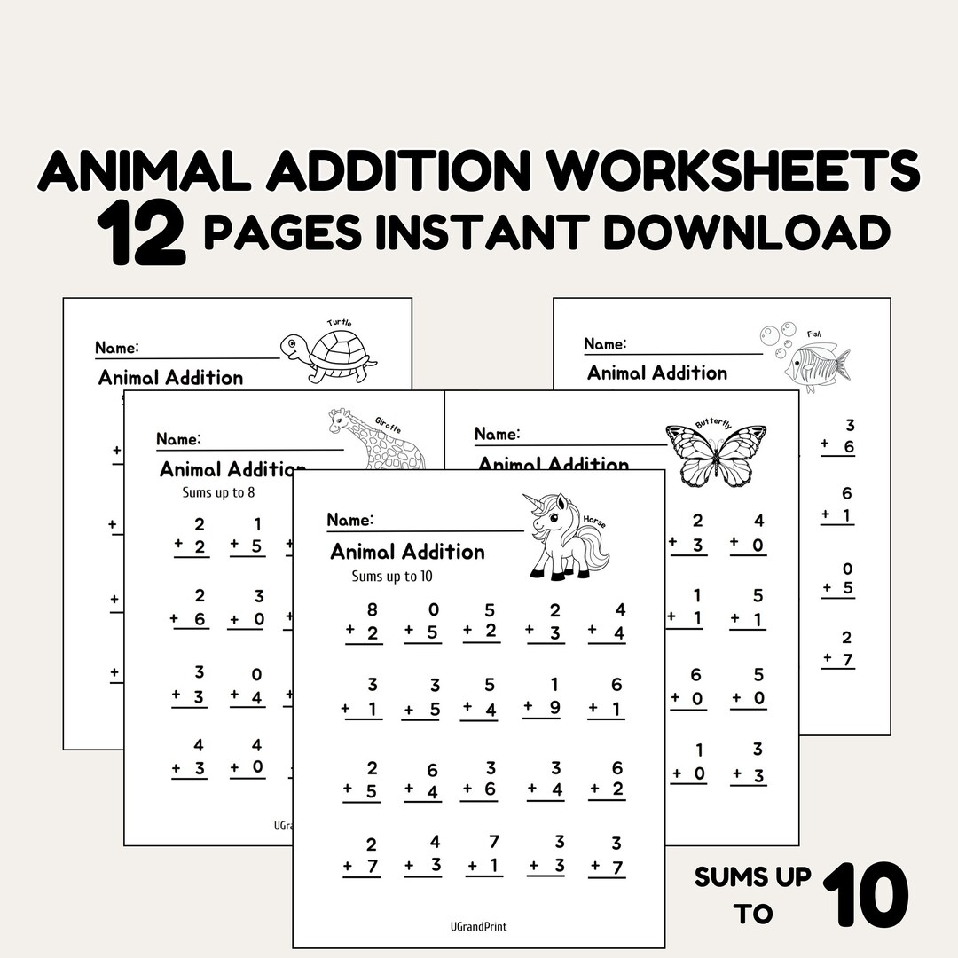 12 Pages Animal Addition Worksheets Math Worksheets Sums Under 10 1st ...