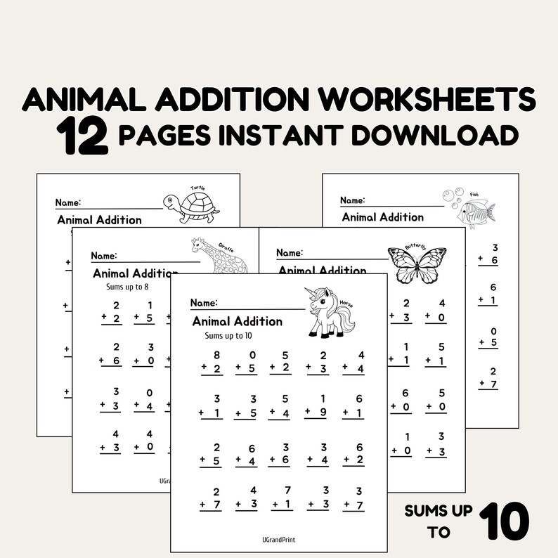 12 Pages Animal Addition Worksheets Math Worksheets Sums Under 10 1st ...