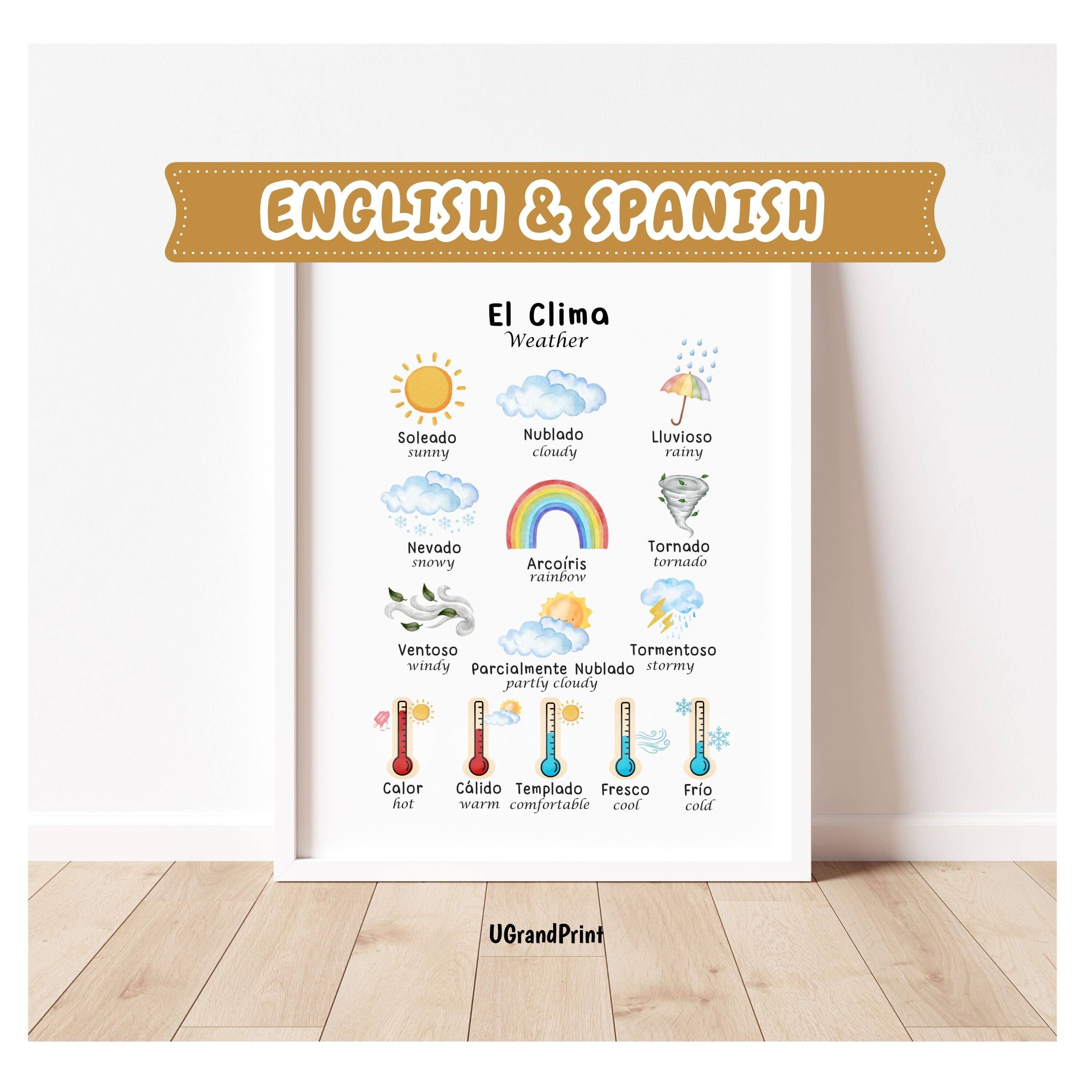 Bilingual Spanish English Weather Poster for Kids Spanish Educational ...