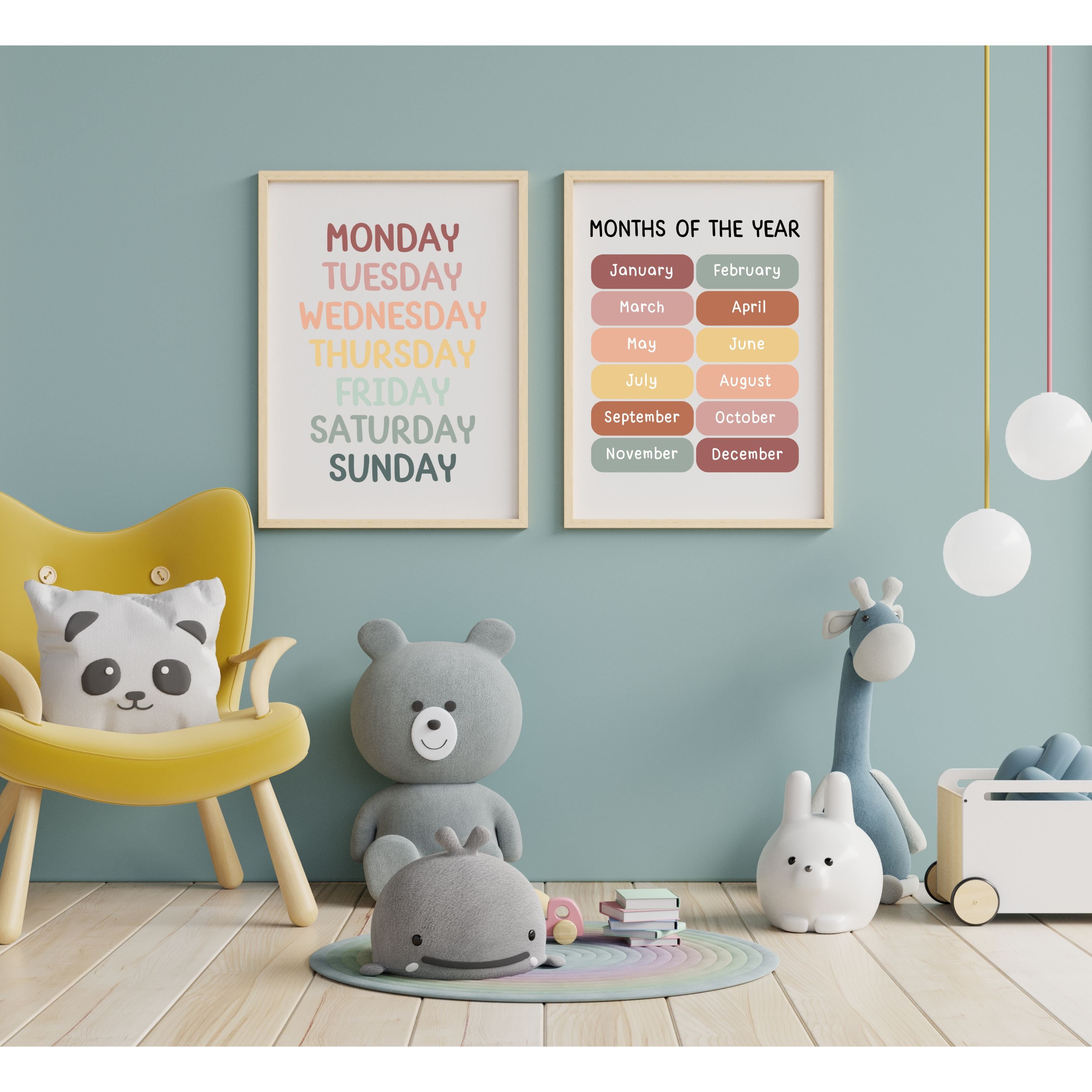Set of 2 Rainbow Days of the Week Playroom Educational Poster Months of ...