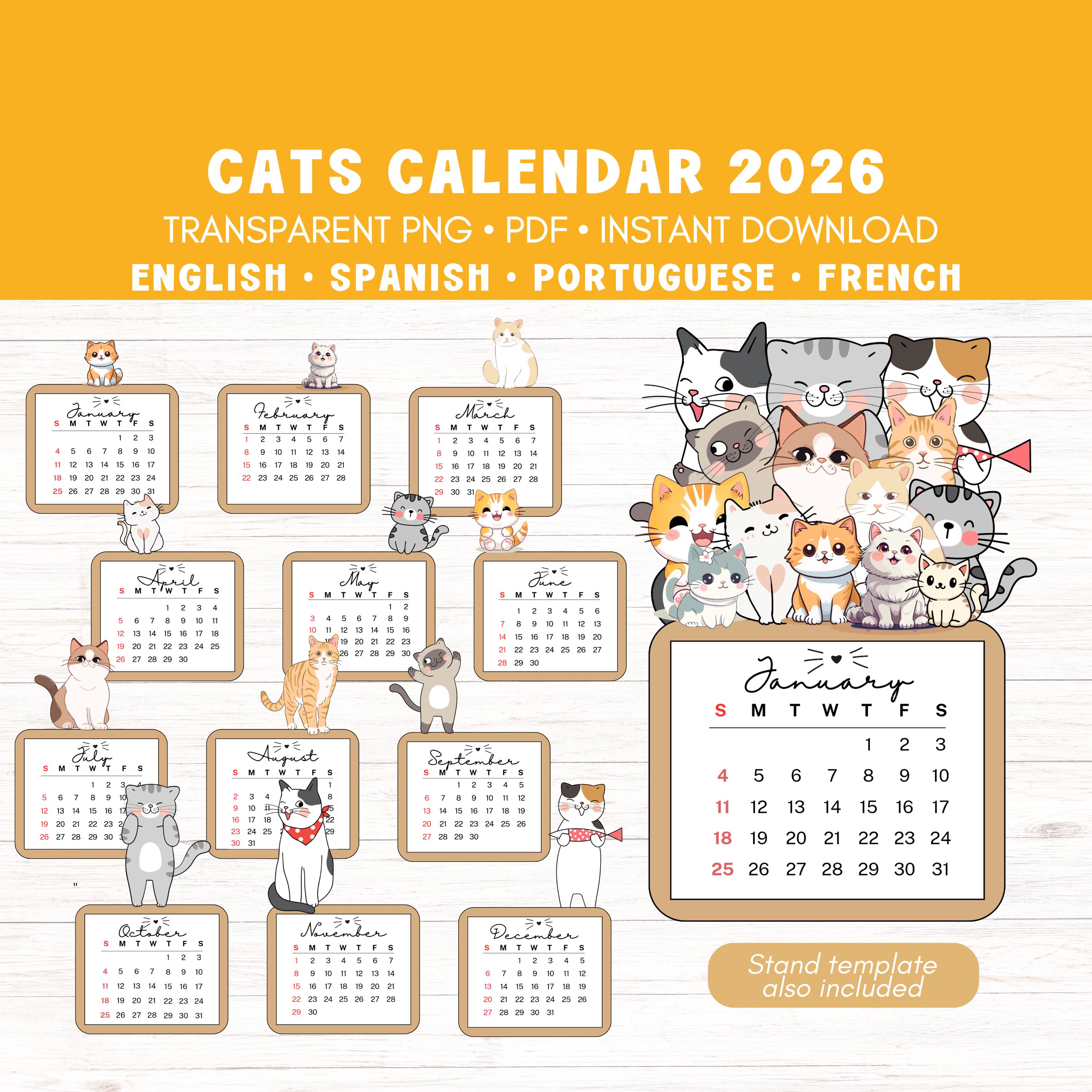 2026 Cat Desk Calendar: Printable Mini DIY Pet Calendar (PNG & PDF ...