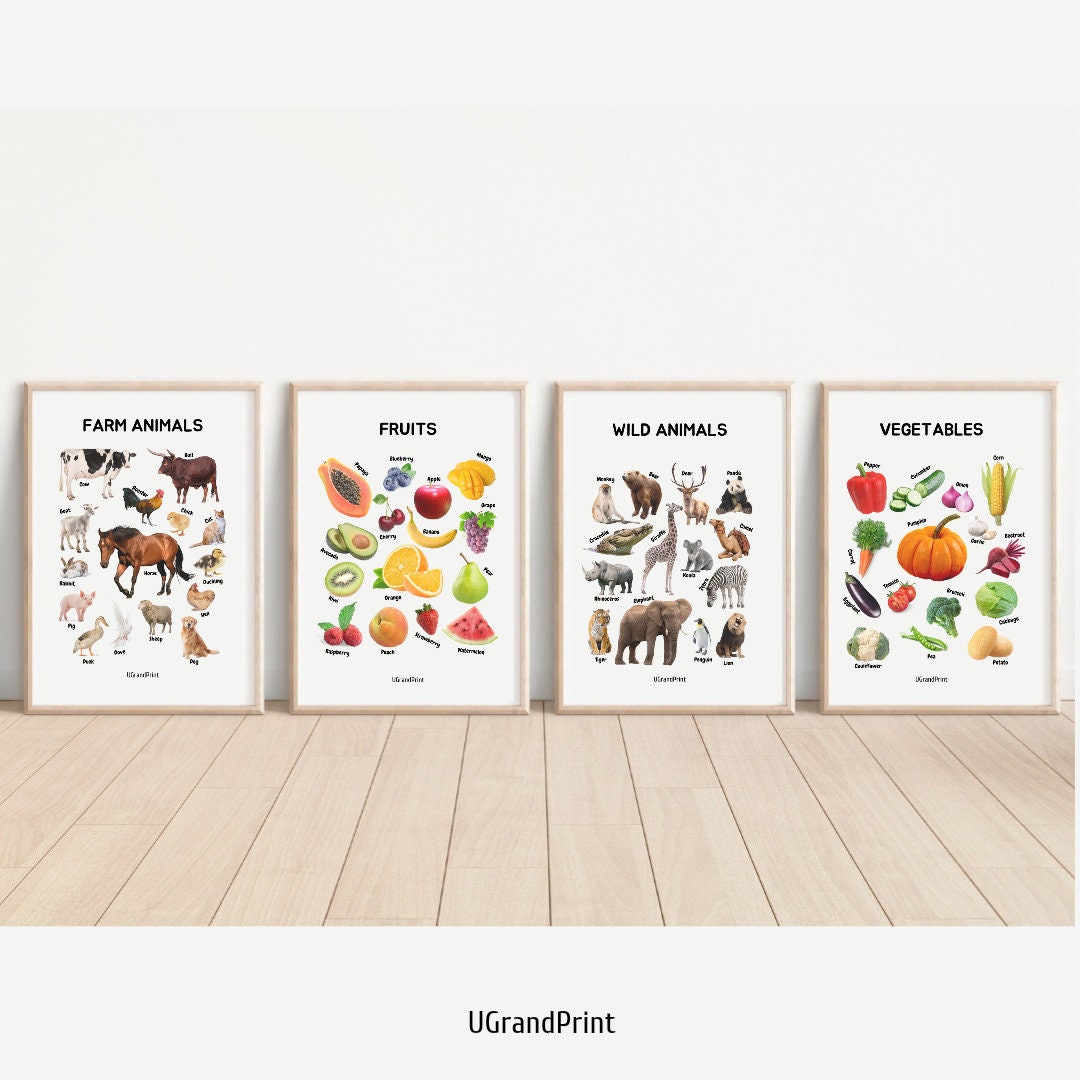 Farm & Wild Animals, Fruits, Vegetables Educational Prints (digital ...