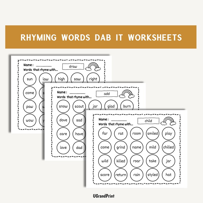 Printable Let's Learn Rhyming Words for Kids Worksheets Handwriting and ...