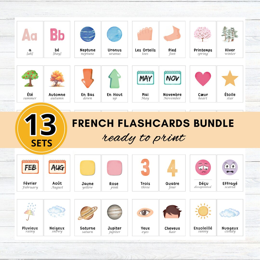 Bilingual French Flashcards: Kids Educational Printable (13 Sets ...