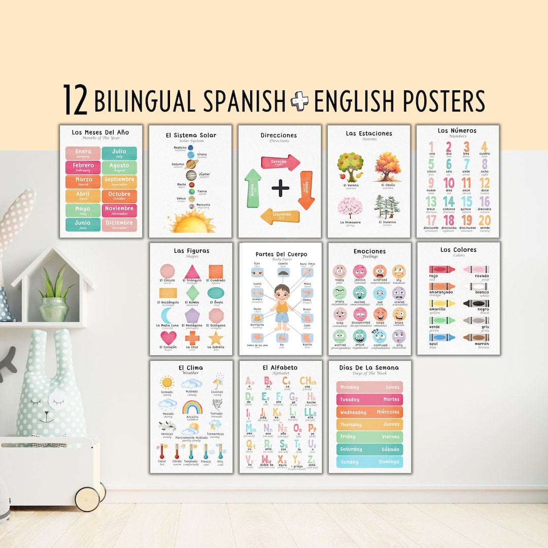 12 Bilingual Spanish Educational Poster for Kids Spanish English ...