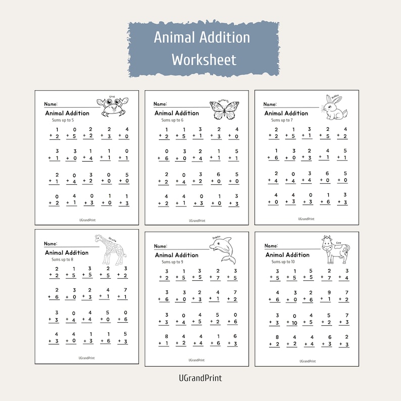 12 Pages Animal Addition Worksheets Math Worksheets Sums Under 10 1st ...