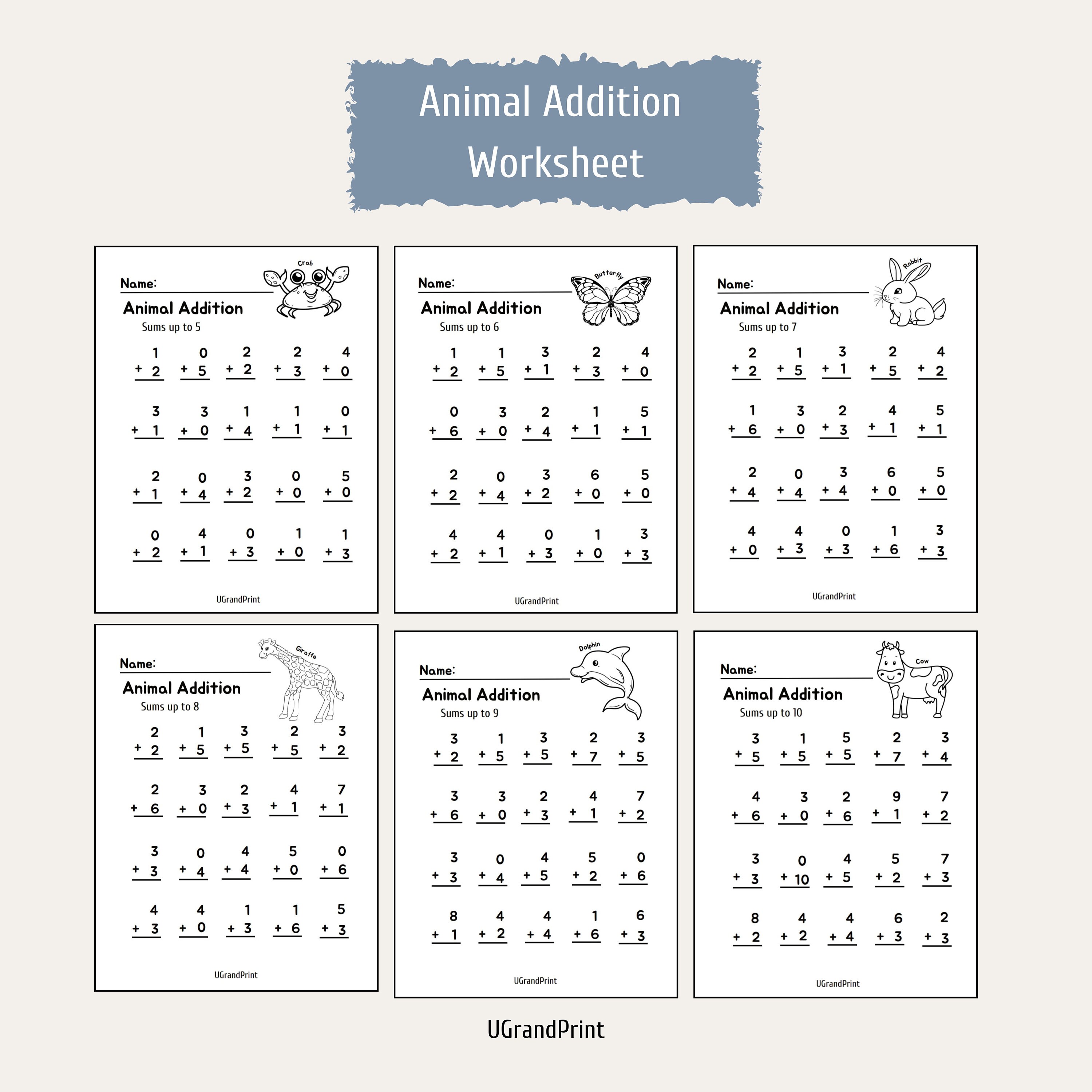 12 Pages Animal Addition Worksheets Math Worksheets Sums Under 10 1st ...