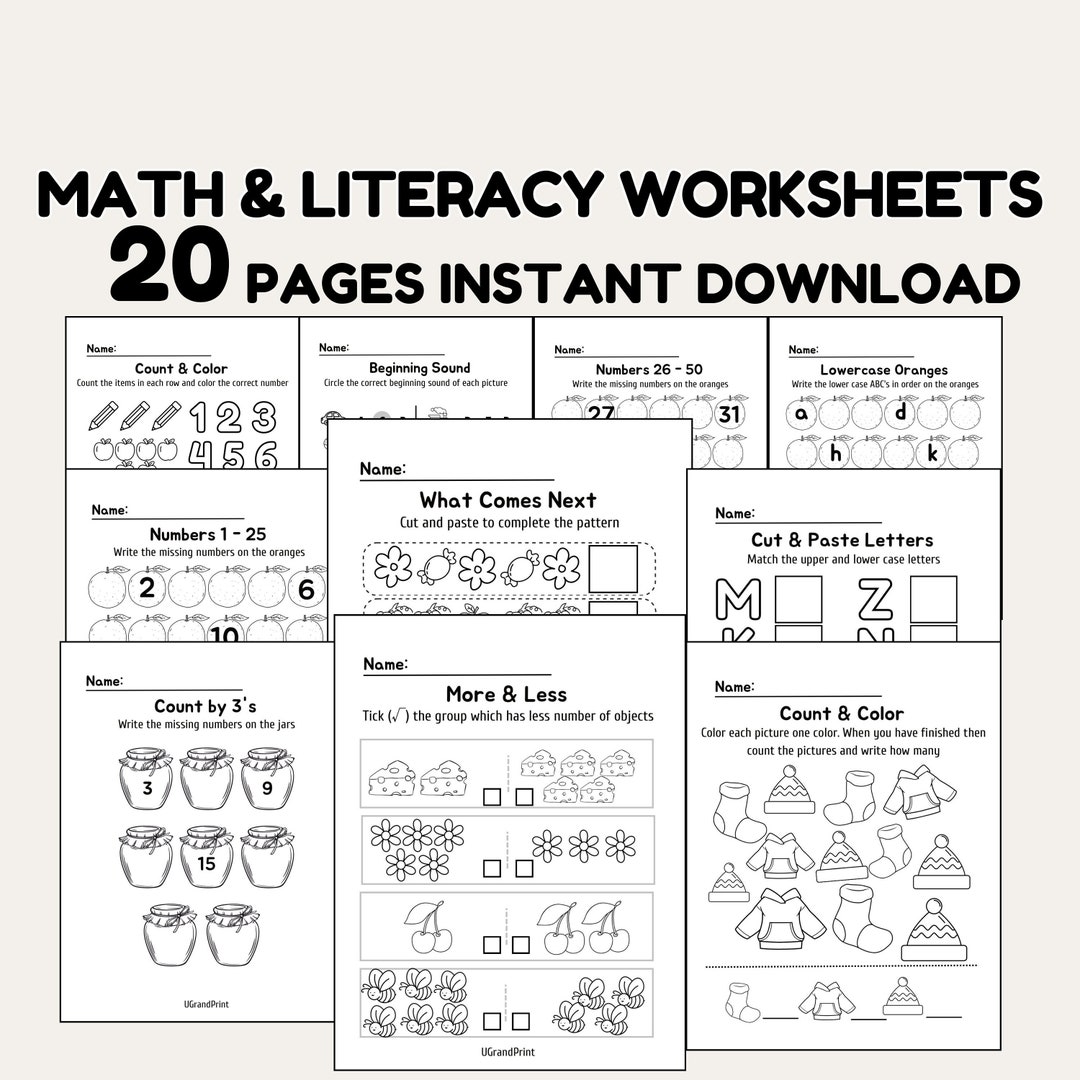 20 Pages Math and Literacy Worksheets First Grade Prek Kindergarten ...