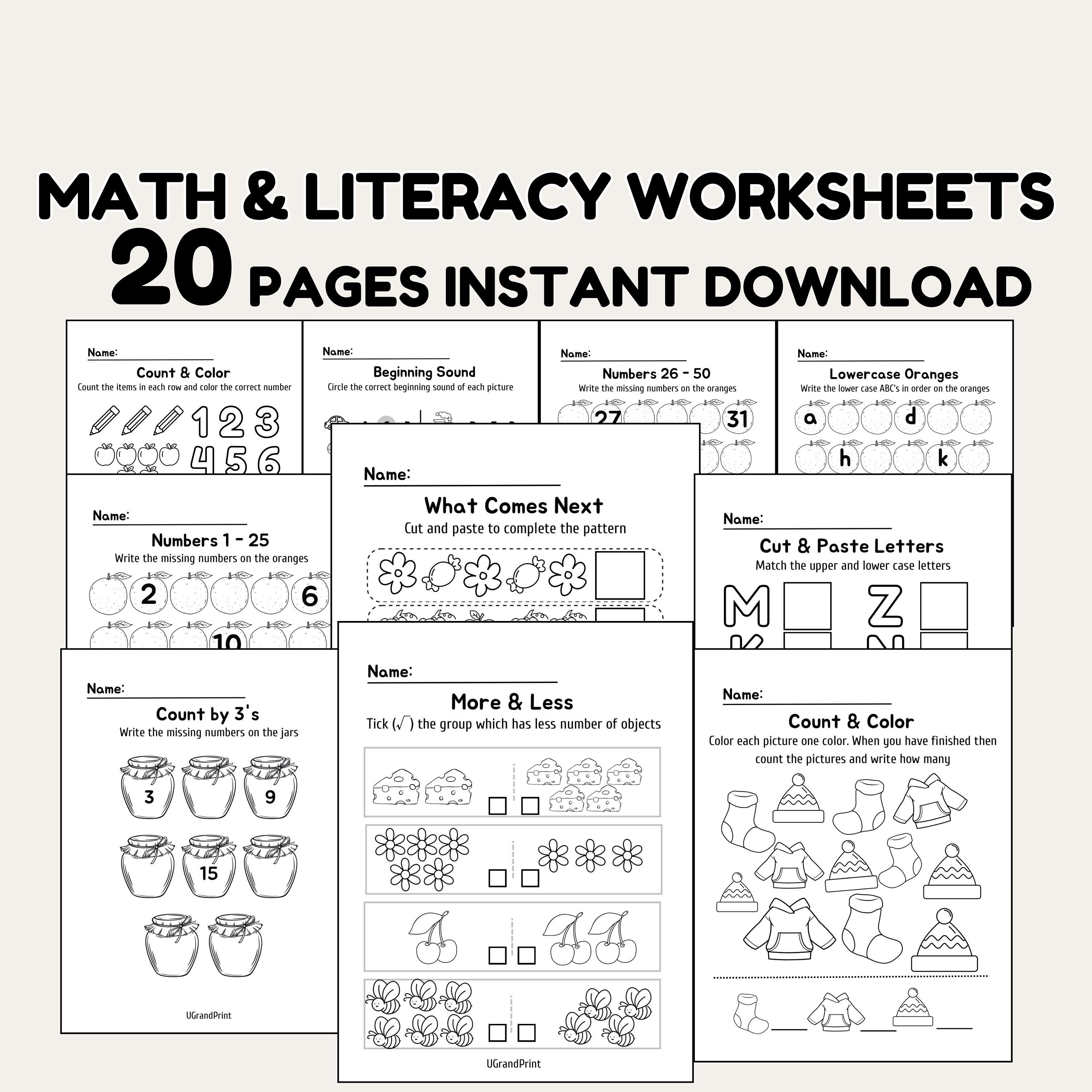 20 Pages Math and Literacy Worksheets First Grade Prek Kindergarten ...