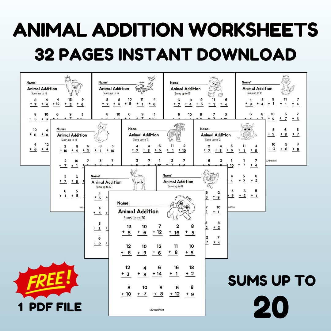 32 Pages Animal Addition Sums up to 5-20 Worksheets Math Sums Under 10 ...