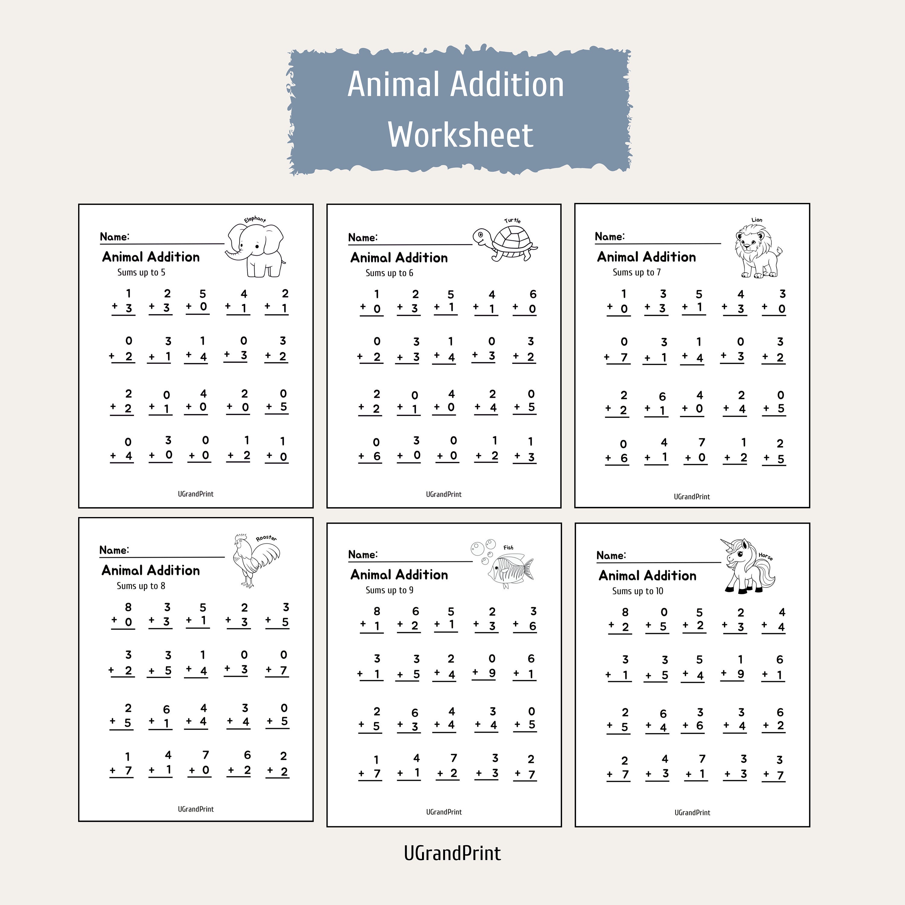 12 Pages Animal Addition Worksheets Math Worksheets Sums Under 10 1st ...