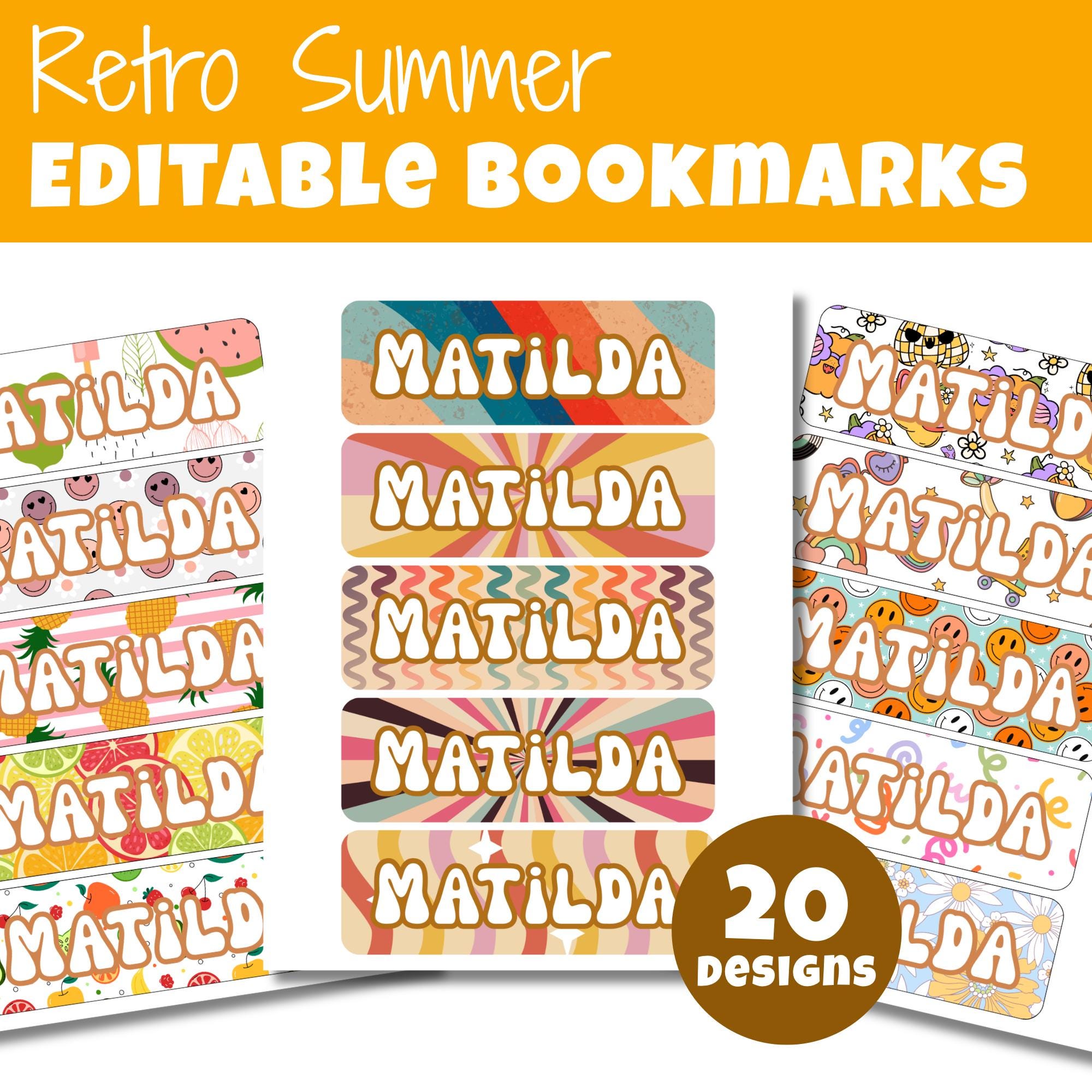 Editable Name Bookmarks: Retro Summer Designs (canva Template) - Etsy