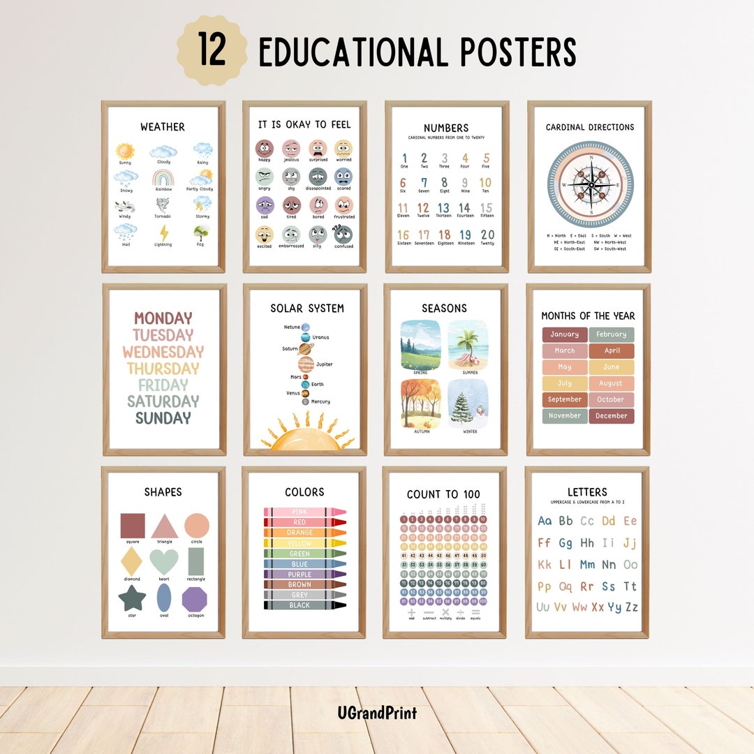 Educational Posters 12 Homeschool Prints Montessori Nursery Classroom ...