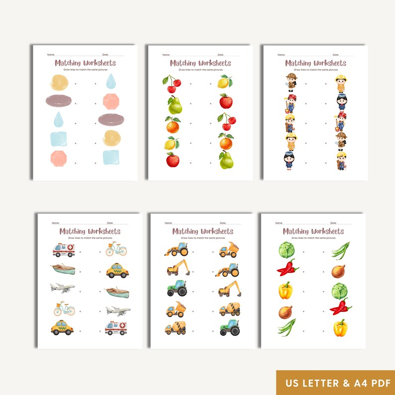 Printable Matching Worksheets Match the Picture Kindergarten Preschool ...