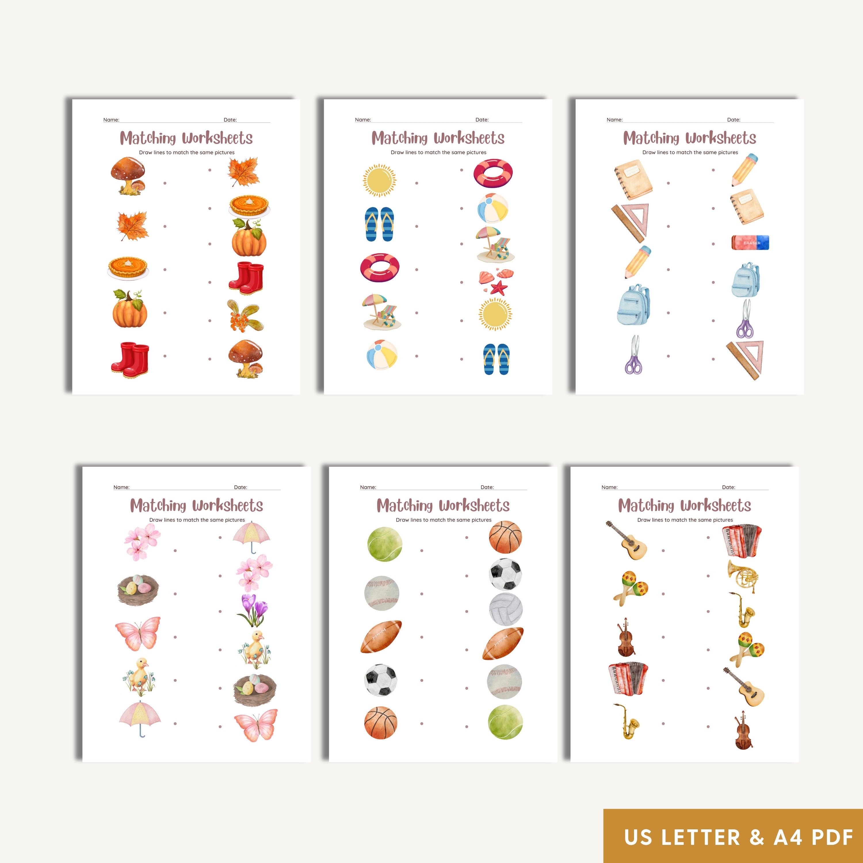 Printable Matching Worksheets Match the Picture Kindergarten Preschool ...