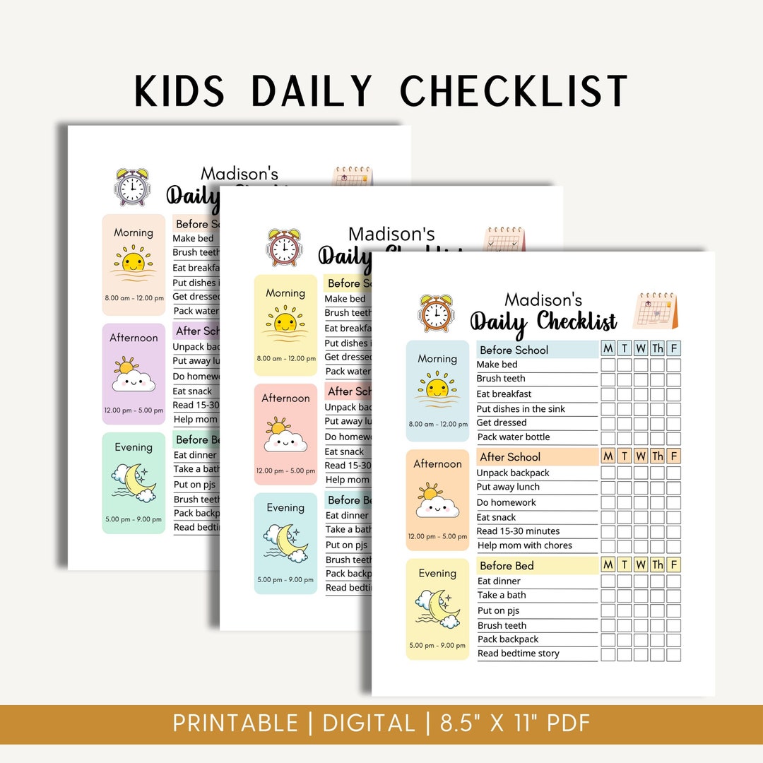 Printable Daily Checklist for Kids Editable Daily Planner for Children ...