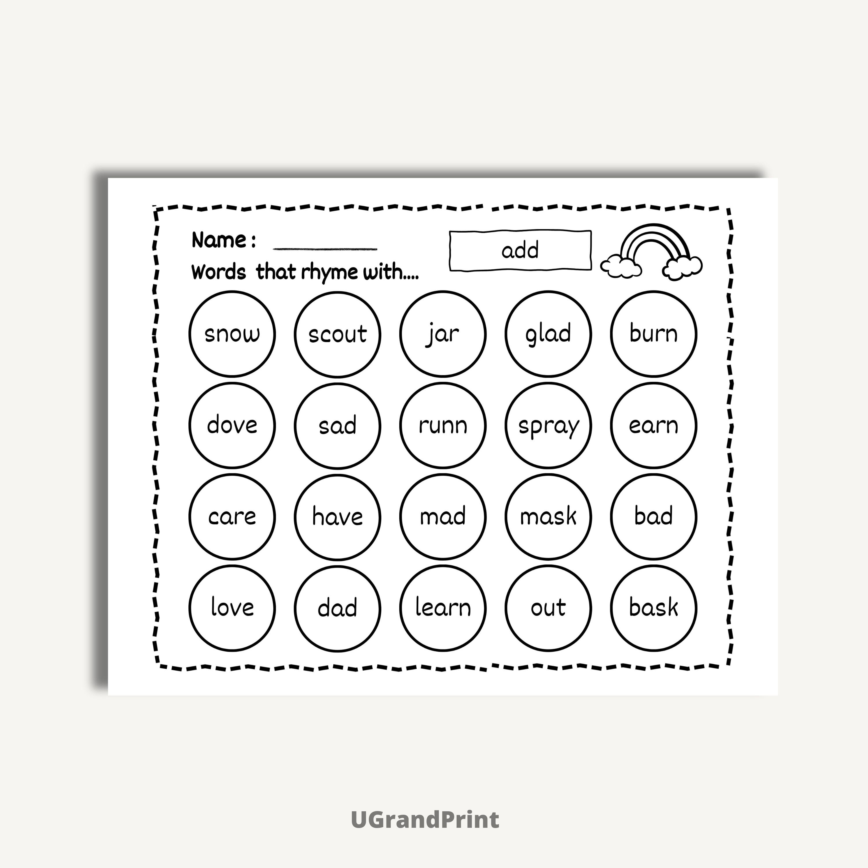 Printable Let's Learn Rhyming Words for Kids Worksheets Handwriting and ...