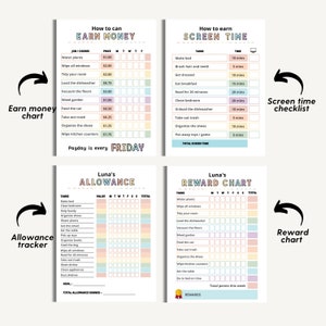 Editable Kids Chore Charts Reward Allowance Behavior Chart Screen Time ...