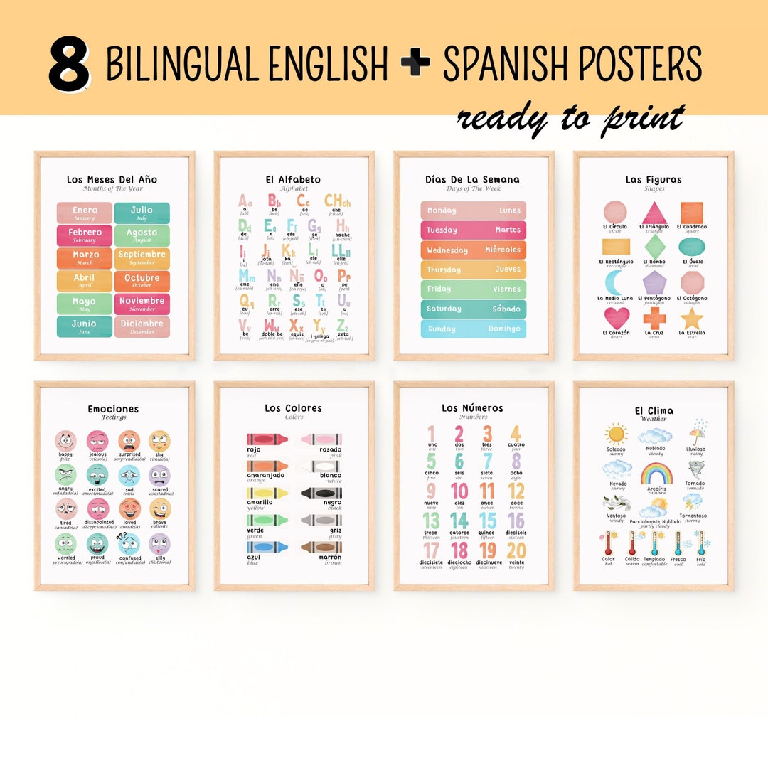 8 Bilingual Spanish Educational Poster for Kids Spanish English ...