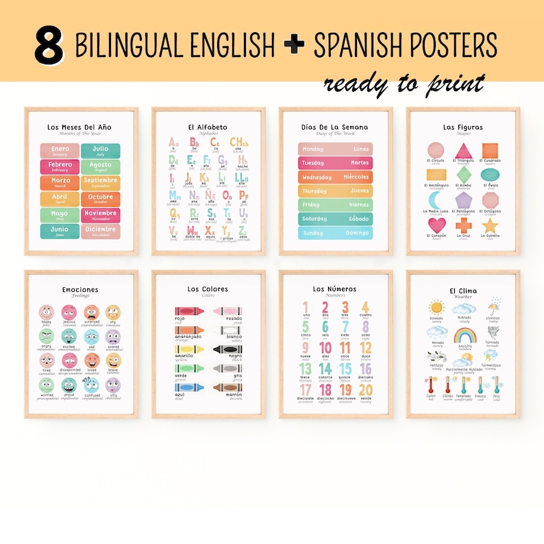 8 Bilingual Spanish Educational Poster for Kids Spanish English ...