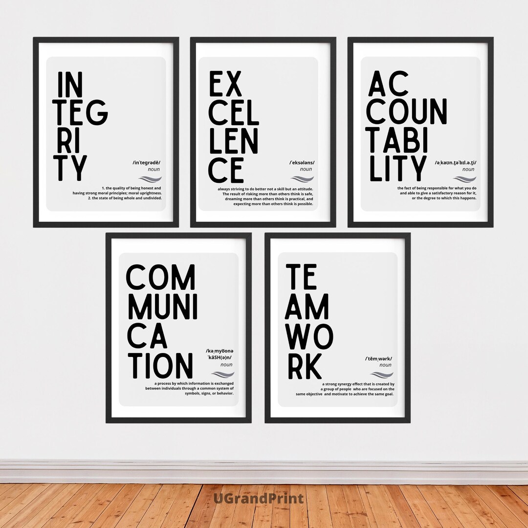 Set of 5 Core Value Definition Teamwork Poster Dictionary Quote ...