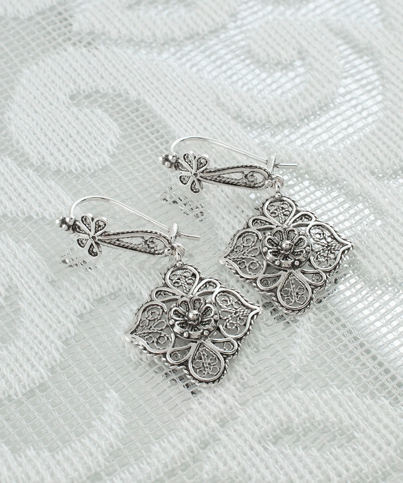 Handmade Silver Filigree Art Floral Dangle Earrings, 925 Sterling ...